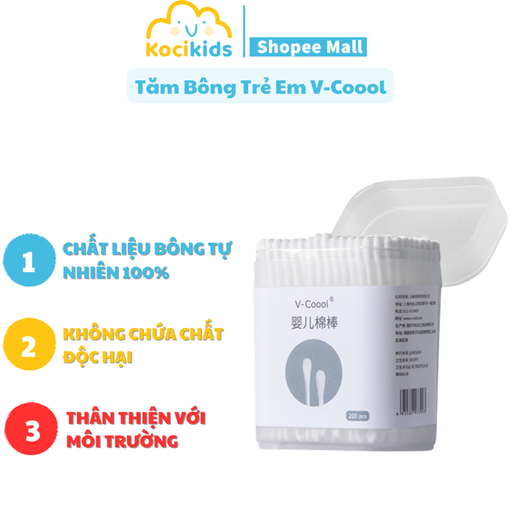 Tăm bông trẻ em V-Coool hộp 200 que, tăm bông cho bé được làm từ bông tự nhiên, an toàn tuyệt ...