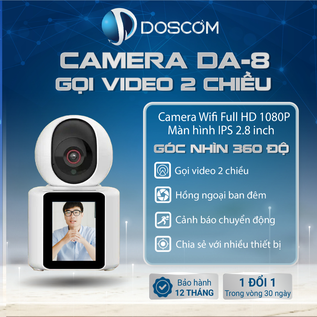 Camera Doscom DA-8 Gọi Video 2 Chiều, Full HD 2K, Tích Hợp Màn Hình IPS ...