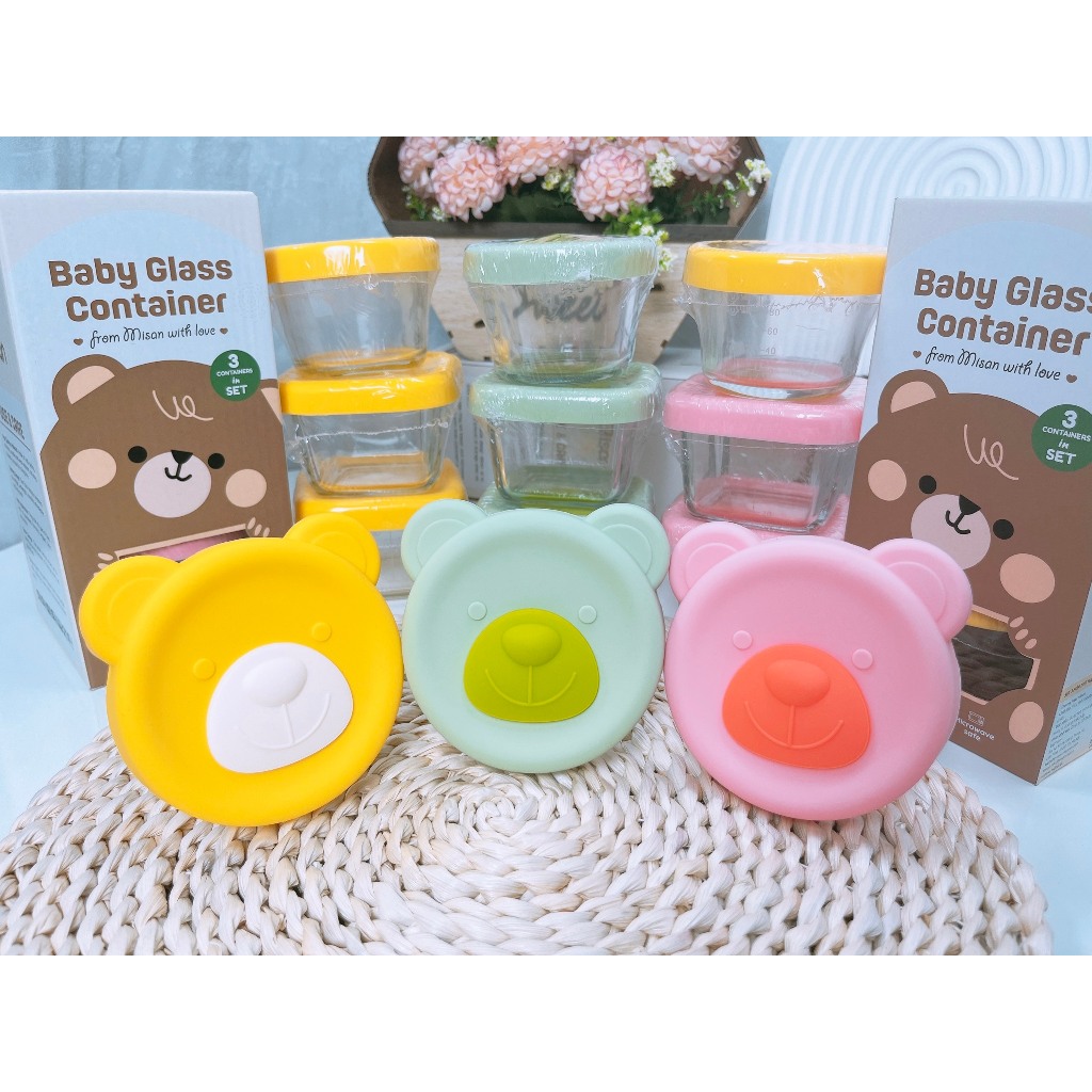 Set 3 hộp Thuỷ Tinh nắp hình Gấu Misan 120ml trữ thức ăn dặm cho bé ...