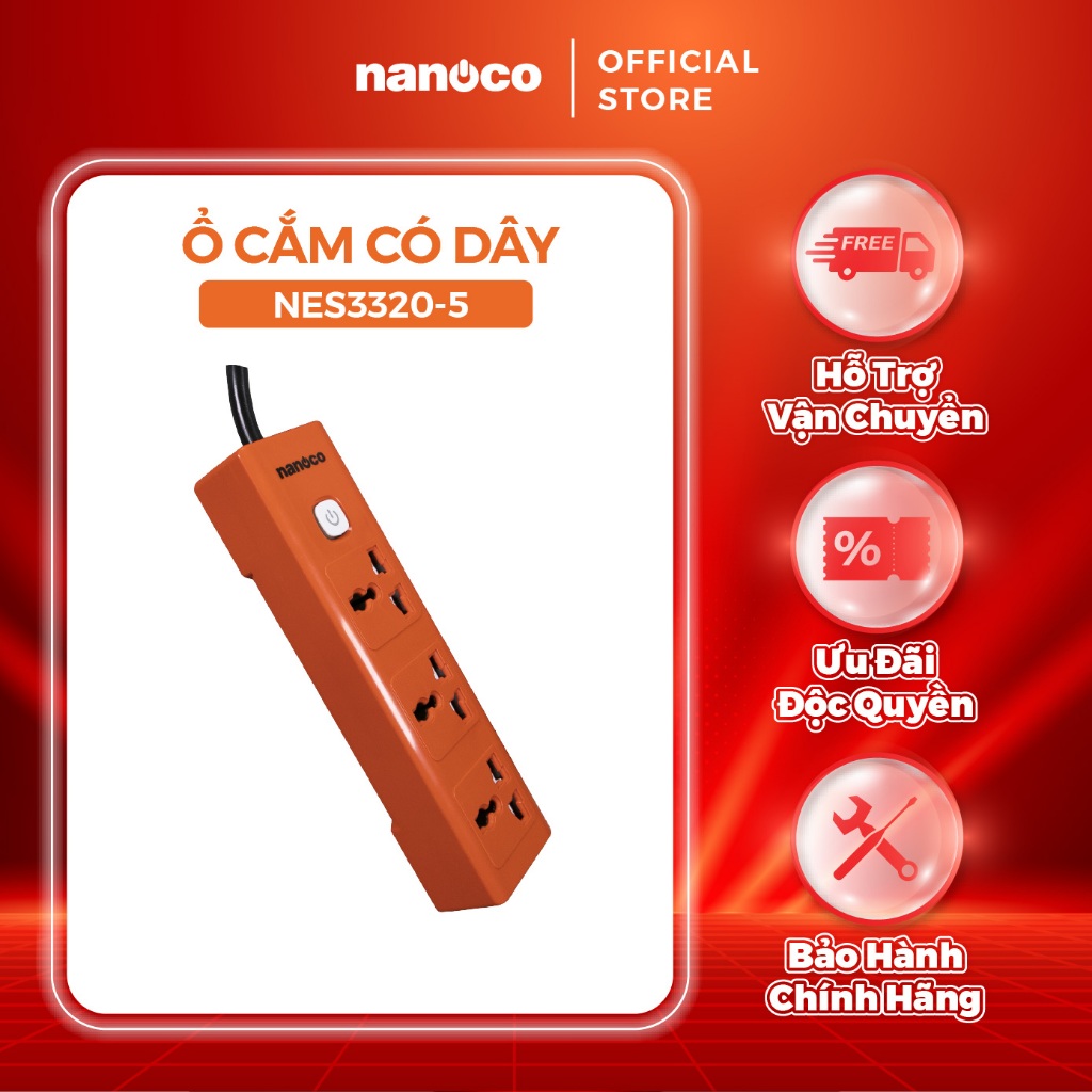 Ổ cắm có dây Nanoco model NES3320-5 phù hợp cho nồi lẩu, bếp điện (3 ổ ...