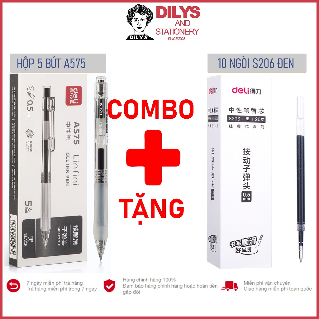 Combo Hộp Bút Deli A575 Mực Gel 0.5mm Kèm Ngòi Bút S206 Thay Thế Mực ...