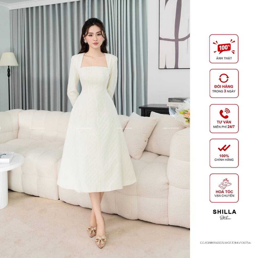 Váy đầm thiết kế cao cấp màu kem tay dài cổ vuông sang trọng [ Ảnh thật ] The Shilla-CG.E38B91 ...