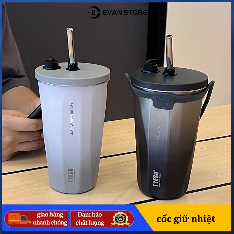 Ly giữ nhiệt Tyeso 600ml,bình giữ nhiệt có ống hút inox 304,tay cầm silicon,tặng kèm: bàn chảy ...