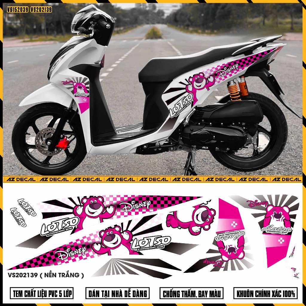 Tem Vision Gấu Dâu Lotso | VS39 | Tem Decal Dán Xe Máy Vision Đen Trắng ...