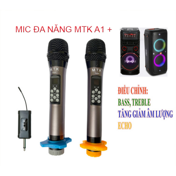 Micro đa năng MTK hát karaoke không dây phù hợp mọi loa kéo, bắt âm tốt, chỉnh bass-treble-echo ...