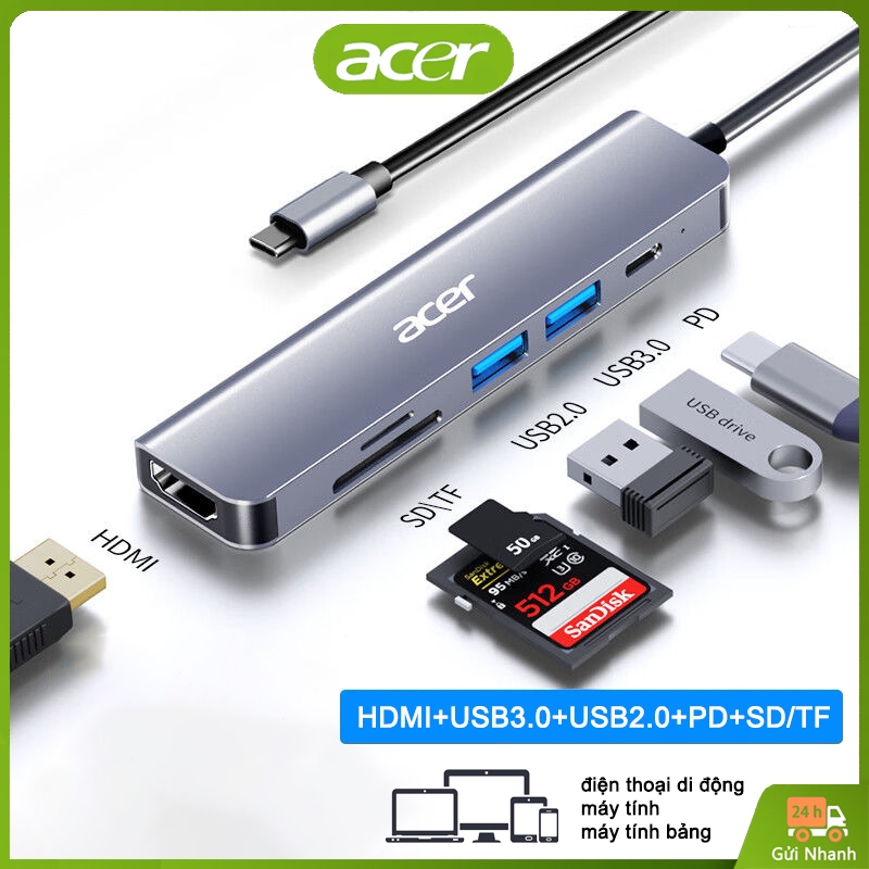 Bộ Chia Type-C Acer T6 6 in 1 Hub USB Truyền Tốc Độ Cao USB3.0 + USB2.0 ...