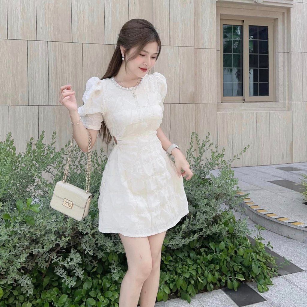 Đầm váy nữ cổ tròn tay bồng đính đá Lenka Dress | Shopee Việt Nam