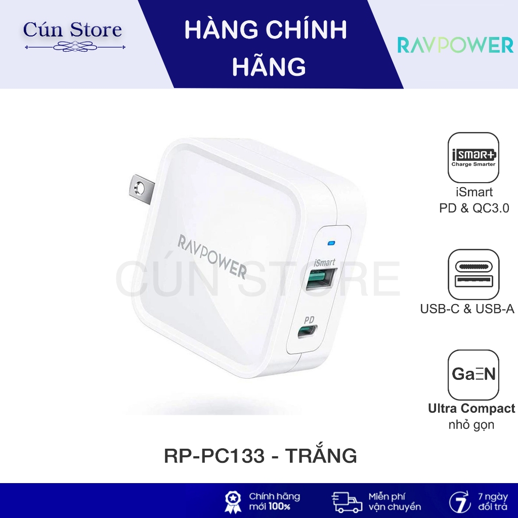 Củ sạc 65W RavPower PD 2 cổng GAN TECH RP-PC133, RP-CPCN002, sạc nhanh 65W chính hãng | Bảo hành ...