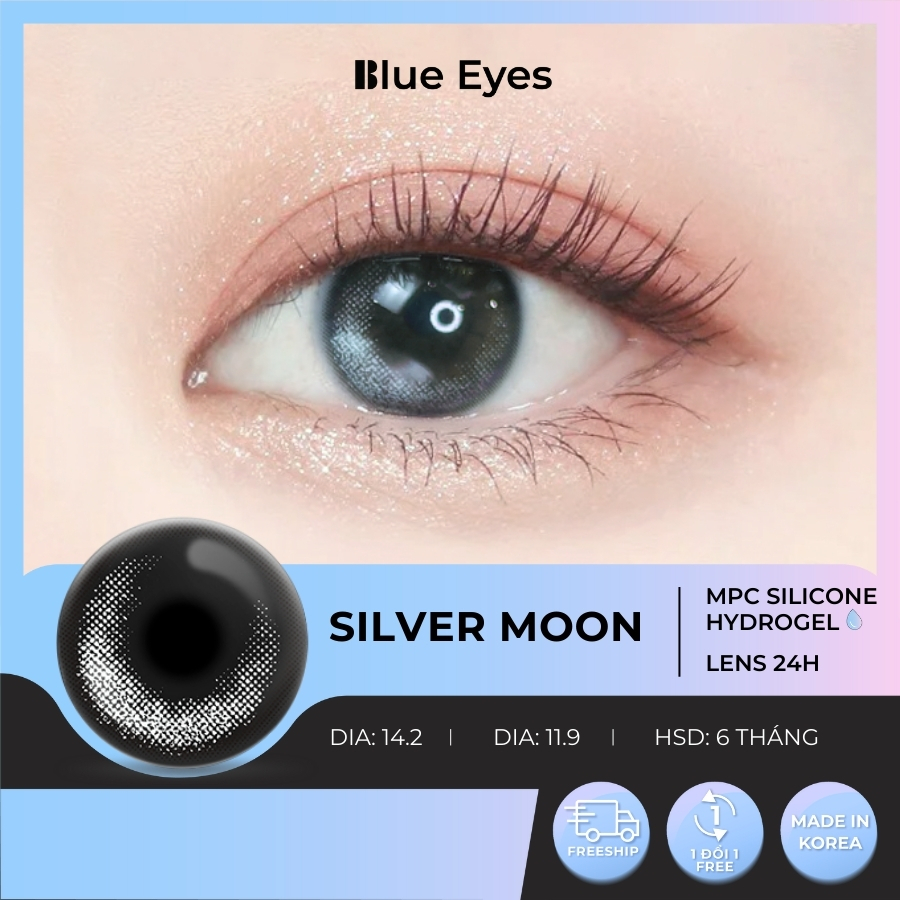 Kính áp tròng Sliver Moon Blue Eyes, dòng lens cận sử dụng sáu tháng, giãn tròng to, màu xám bạc ...