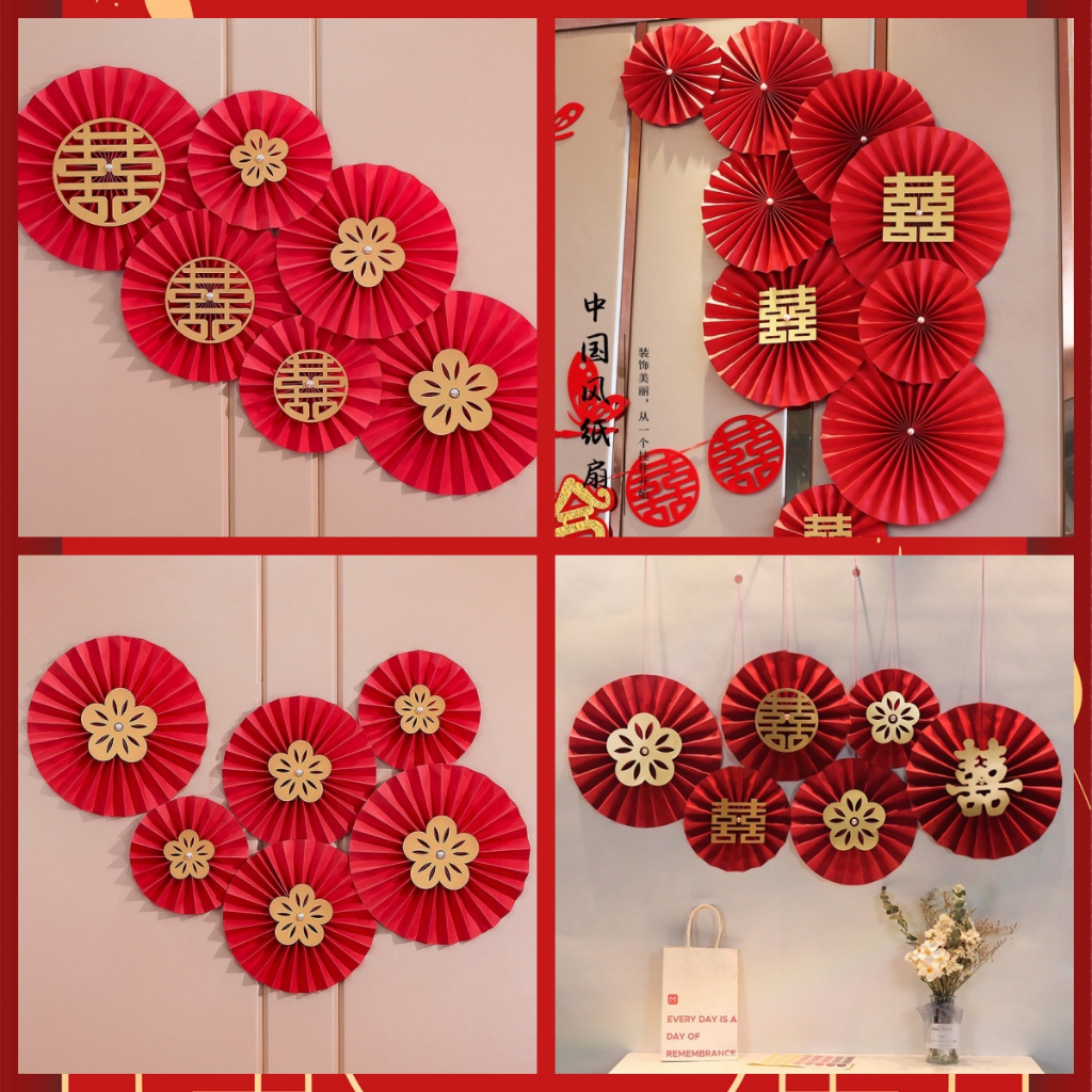 SÉT 6 QUẠT GIẤY ĐỎ ĐÍNH NGỌC VÀ HOA MAI DÁN TƯỜNG TRANG TRÍ OẢN TẾT PHỤ KIỆN TRANG TRÍ TẾT TN002 ...