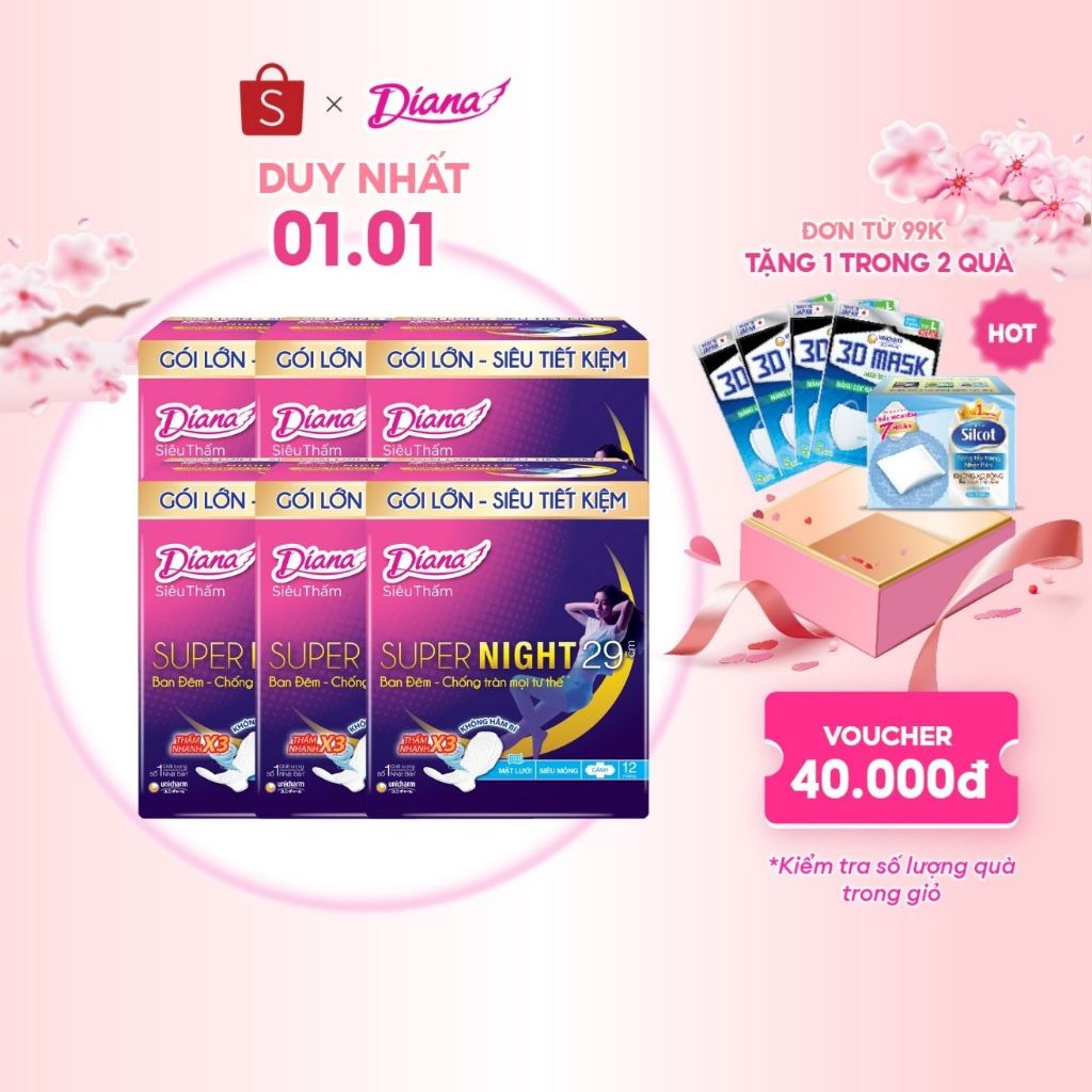 Bộ 6 gói băng vệ sinh Diana siêu thấm Supernight 29cm 12 miếng/gói | Shopee Việt Nam