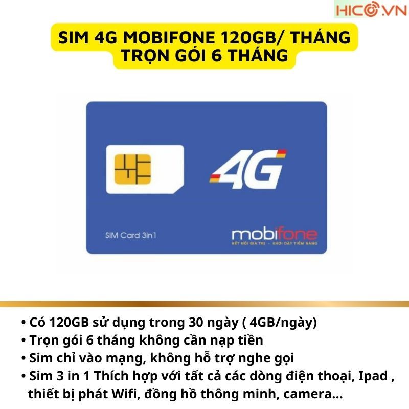 Sim 4G Mobifone 120GB * 6 tháng , Local A68S- 90Gb/tháng - ưu đãi nghe ...