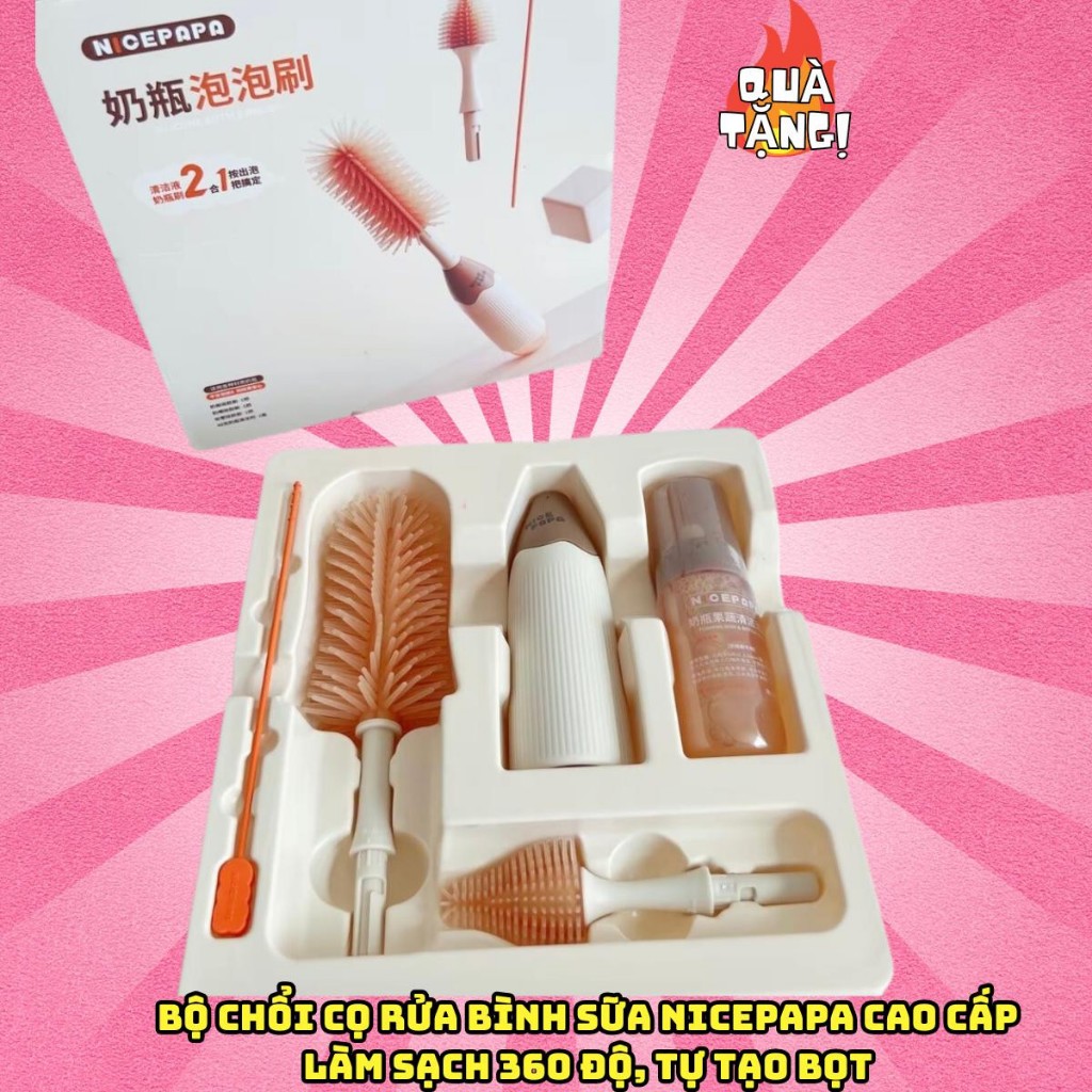 Bộ cọ rửa bình sữa Nicepapa cao cấp, làm sạch 360 độ, tự tạo bọt thông minh (không kèm giá treo ...