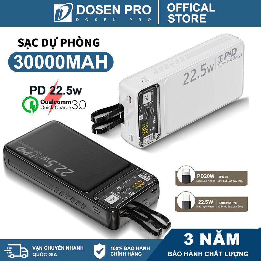 DOSEN PRO Sạc dự phòng Power bank PD22.5W 30000mah pin dự phòng màn hình Led tích hợp tích hợp 2 ...