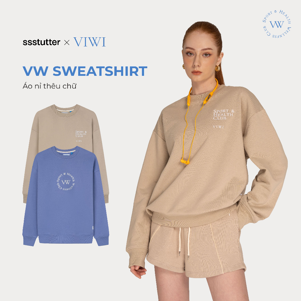 [SSSTUTTER x VIWI] Áo nỉ cổ tròn tay dài nữ nỉ chân cua đứng dáng VW ...