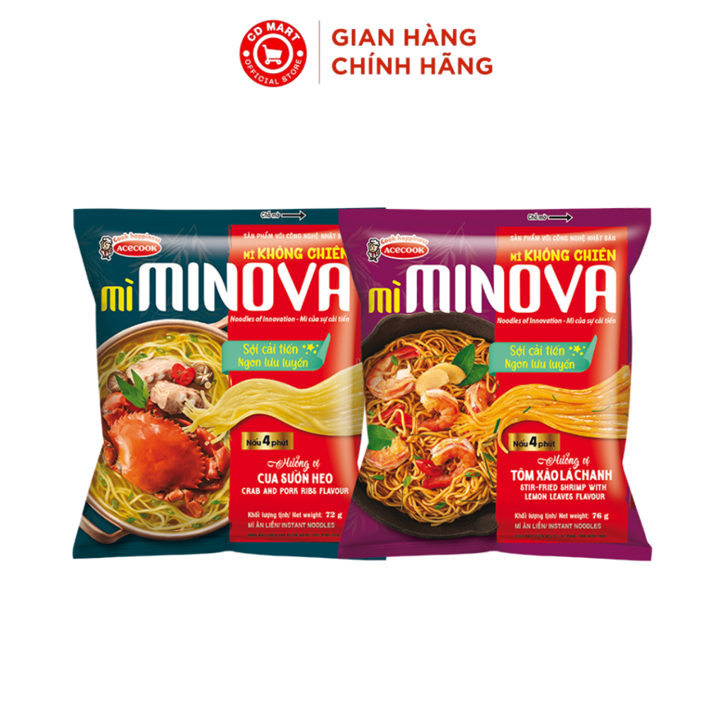 Thùng 24 gói Mì Minova Hương Vị Cua Sườn Heo và Tôm Xào Lá Chanh (72g ...