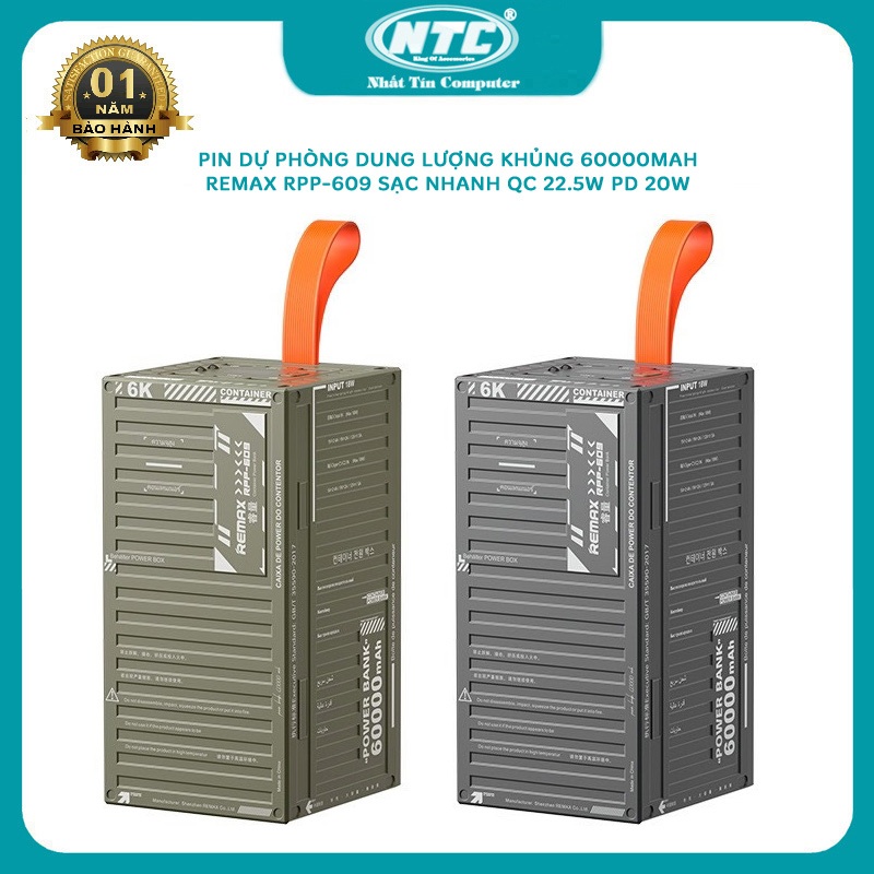Sạc dự phòng sạc nhanh 60000mah Remax RPP-609 Container pin dung lượng lớn, có đèn pin - QC 22 ...