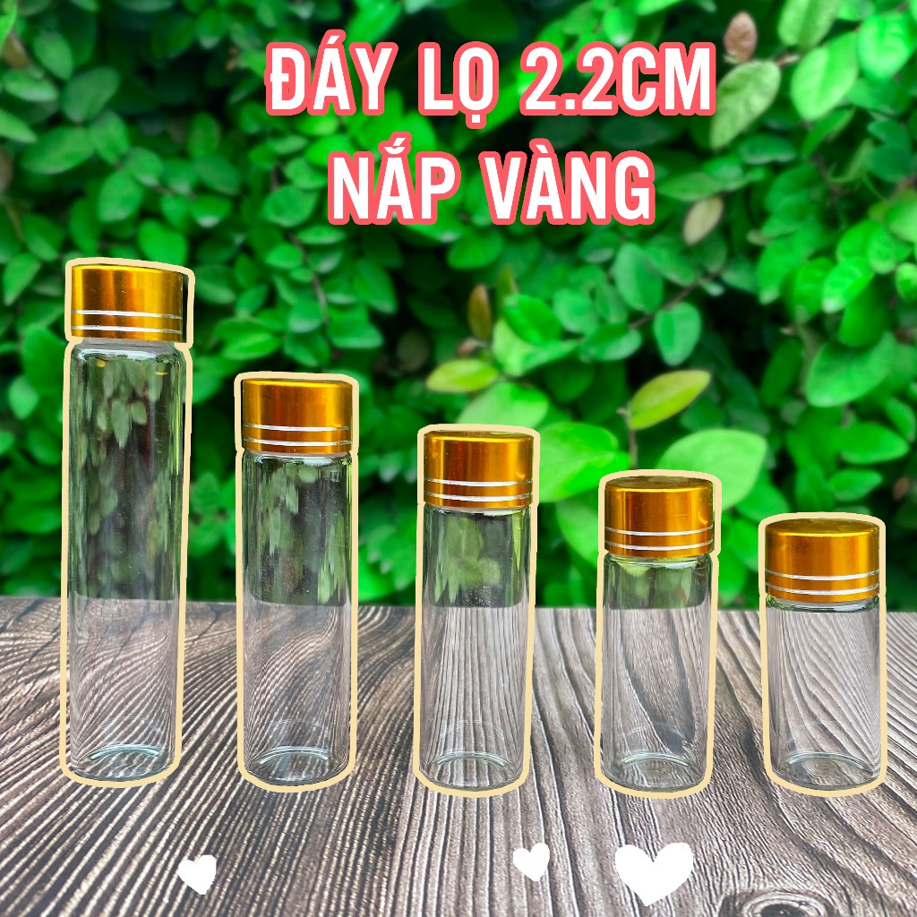 Lọ thủy tinh mini nắp vàng - Chai thủy tinh mini đáy 2,2cm kích thước 10ml 12ml 15ml 20ml 25ml ...