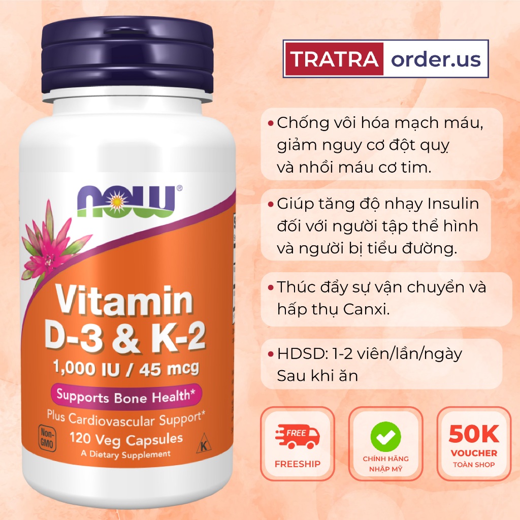 Viên uống Now Vitamin D3 K2 1000 IU 45 mcg hỗ trợ cho xương chắc khỏe ...