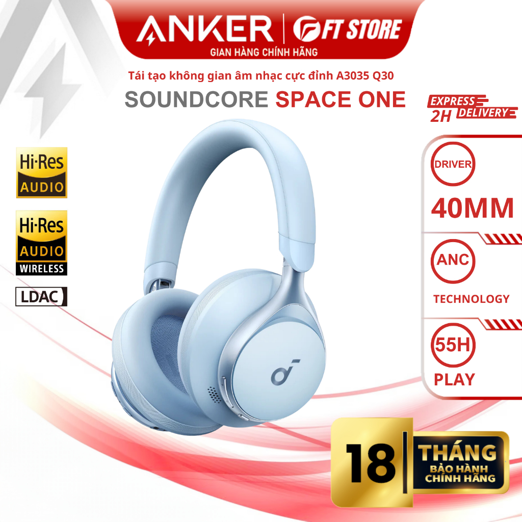 Tai nghe bluetooth Anker Soundcore Space One ANC A3035 Q30 BT 5.3, pin 55h, Hi-res, LDAC, chống ...