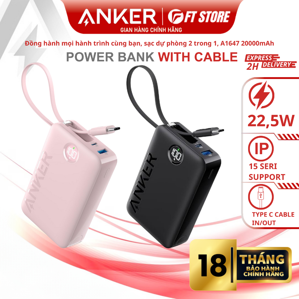 Pin dự phòng Anker 335 20000mAh A1647 USB-C hỗ trợ sạc nhanh 22.5W,kèm cáp type C sạc cho điện ...