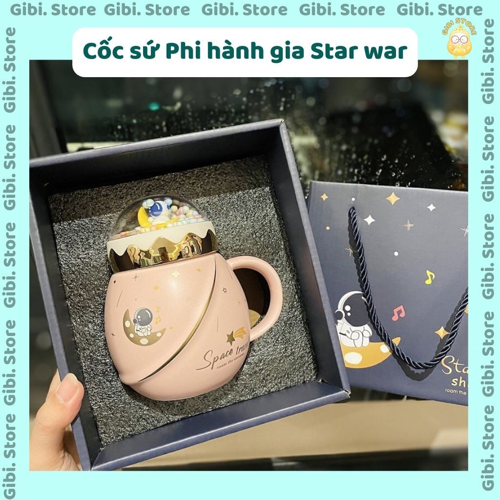 Cốc ly sứ Phi hành gia có nắp tròn Star War GIBI STORE 450ml kèm thìa ...