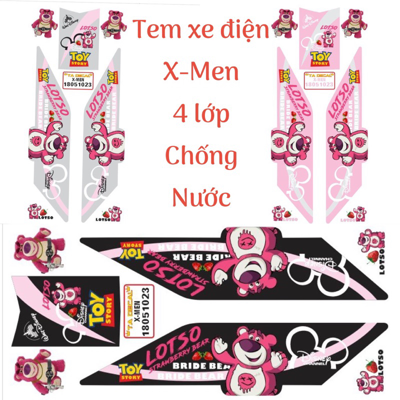 (Nhiều màu)Tem xe điện X-MEN mẫu GẤU DÂU(LOTSO) tem trang trí 4lớp ...