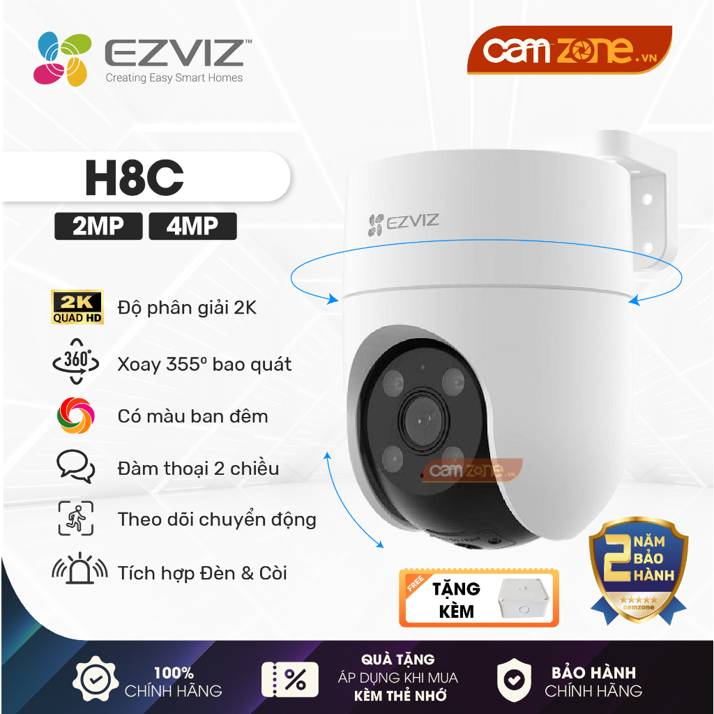Camera Wifi Ngoài Trời EZVIZ H8c 2MP/4MP 2K+/3MP4G Siêu Nét, Quay 360, Đàm Thoại, Màu Đêm, AI ...