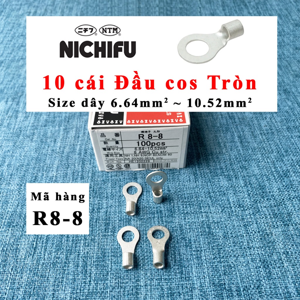 (1 gói 10 cái) Đầu cos tròn Nichifu Nhật R8-5 R8-5S R8-6 R8-6S R8-8-R8-8S R8-10 cho dây tiết ...