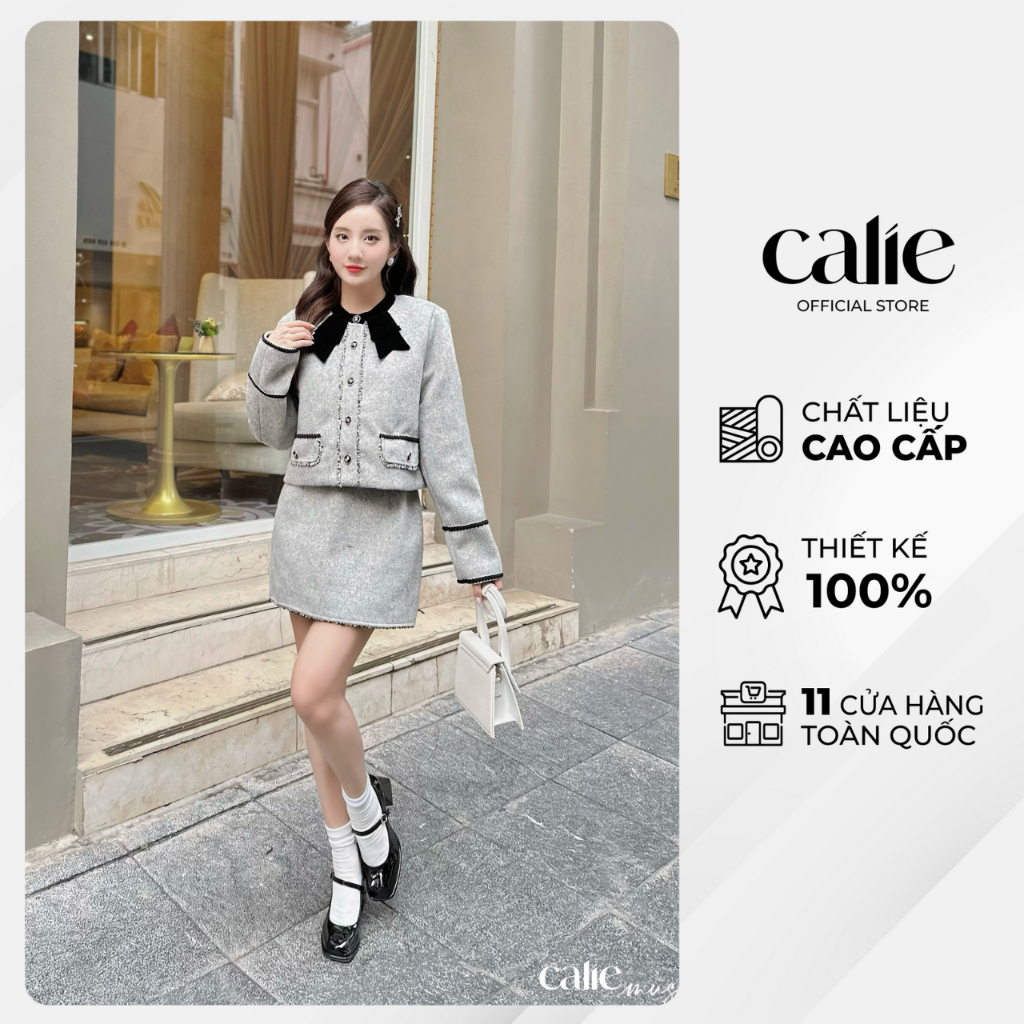 Áo khoác dạ phối viền cổ nơ, trần bông nữ tính CALIE CA106 AK063 ...