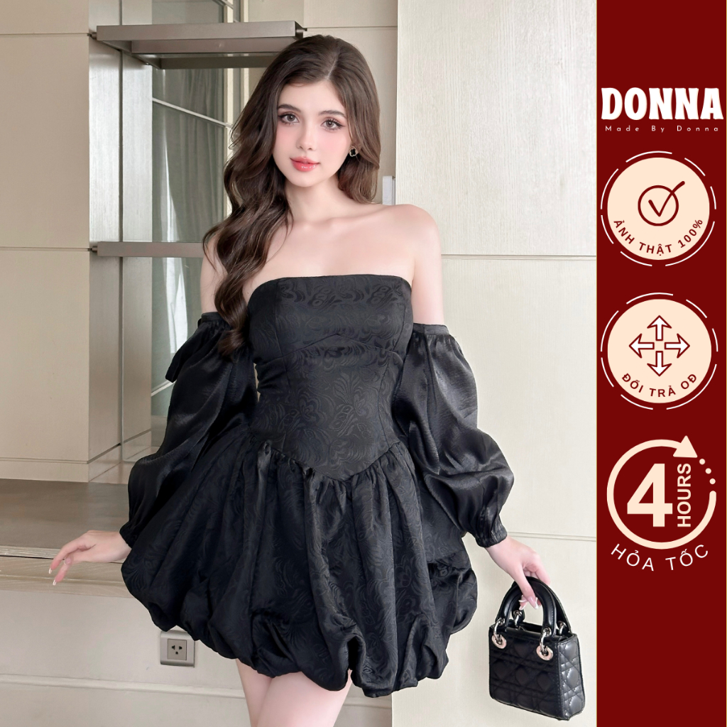 DONNA - Đầm dự tiệc sang trọng chất Gấm Vân dáng bí phối tay phồng nơ ...