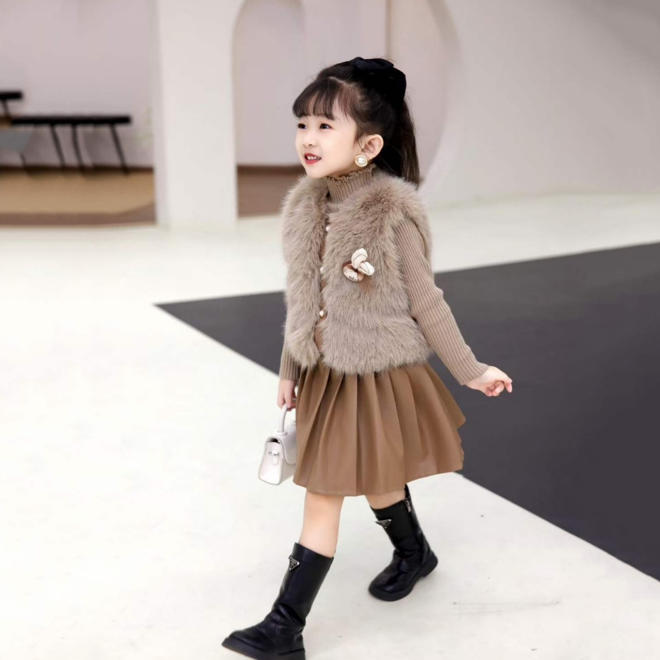 Sét 3 chi tiết chân váy, áo len và gile lông bé gái HK KIDS hàng Quảng ...