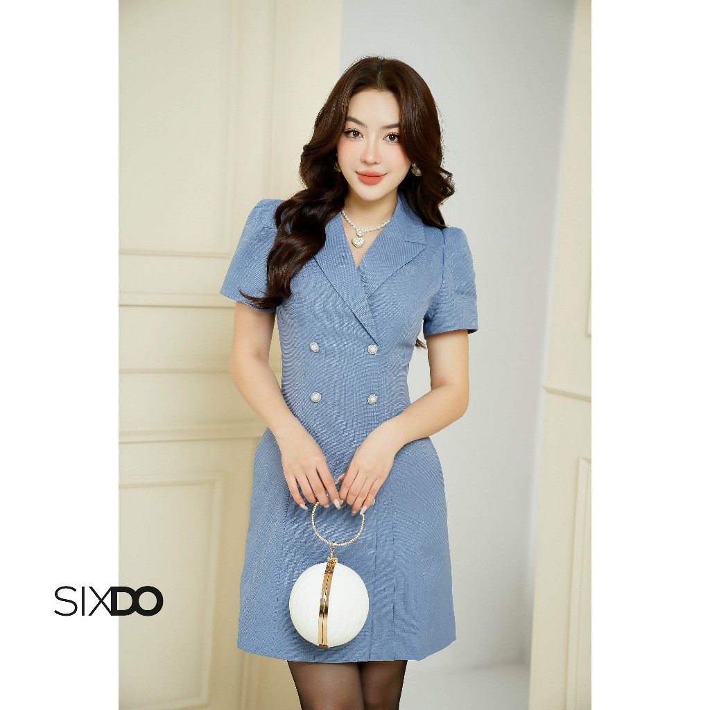 Đầm thô cổ vest dáng ngắn phối cúc ngọc SIXDO (Blue-grey Double ...