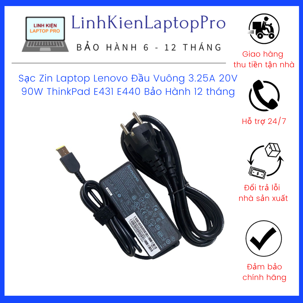 Sạc Zin Laptop Lenovo Đầu Vuông 3.25A 20V 90W ThinkPad E431 E440 E450 E531 E540 E550 E555 E560 ...