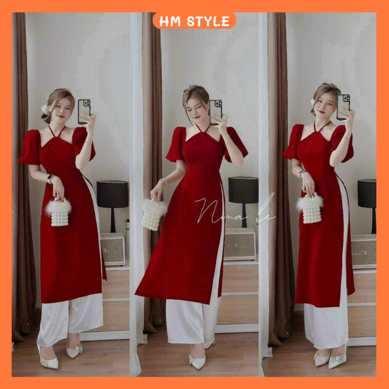 Set bộ áo dài nhung đỏ cách tân cổ yếm có đệm ngực kèm quần lụa ống suông rộng mặc Tết siêu xinh ...