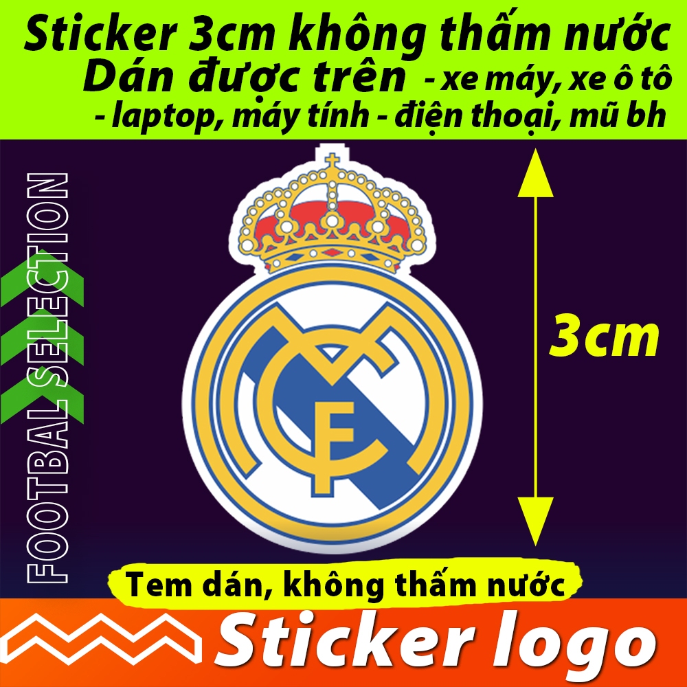 Tem dán Sticker không thấm nước hình logo Real Madrid 3 cm đội bóng dán ...