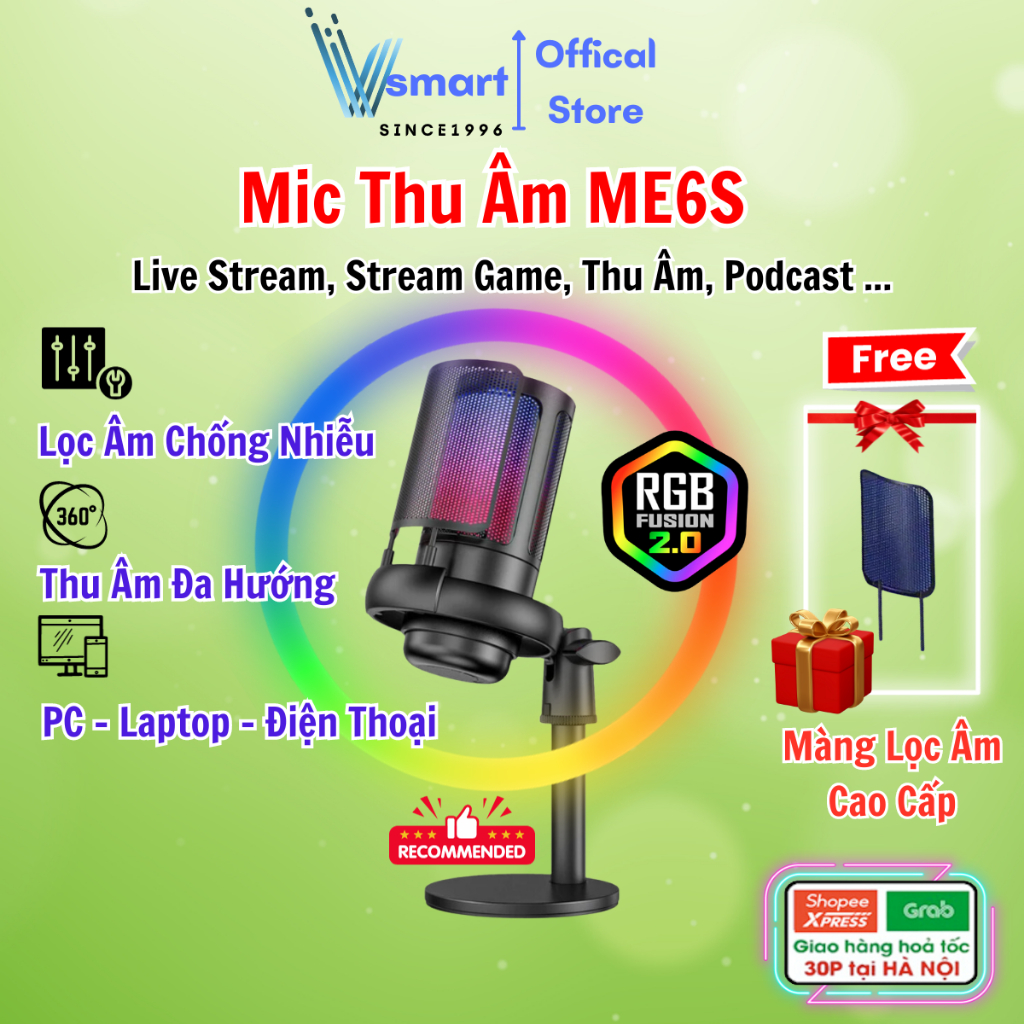 Mic thu âm ME6S, Mic livestream có màng lọc tạp âm, Micro sử dụng cho PC-Laptop-Điện thoại Led ...