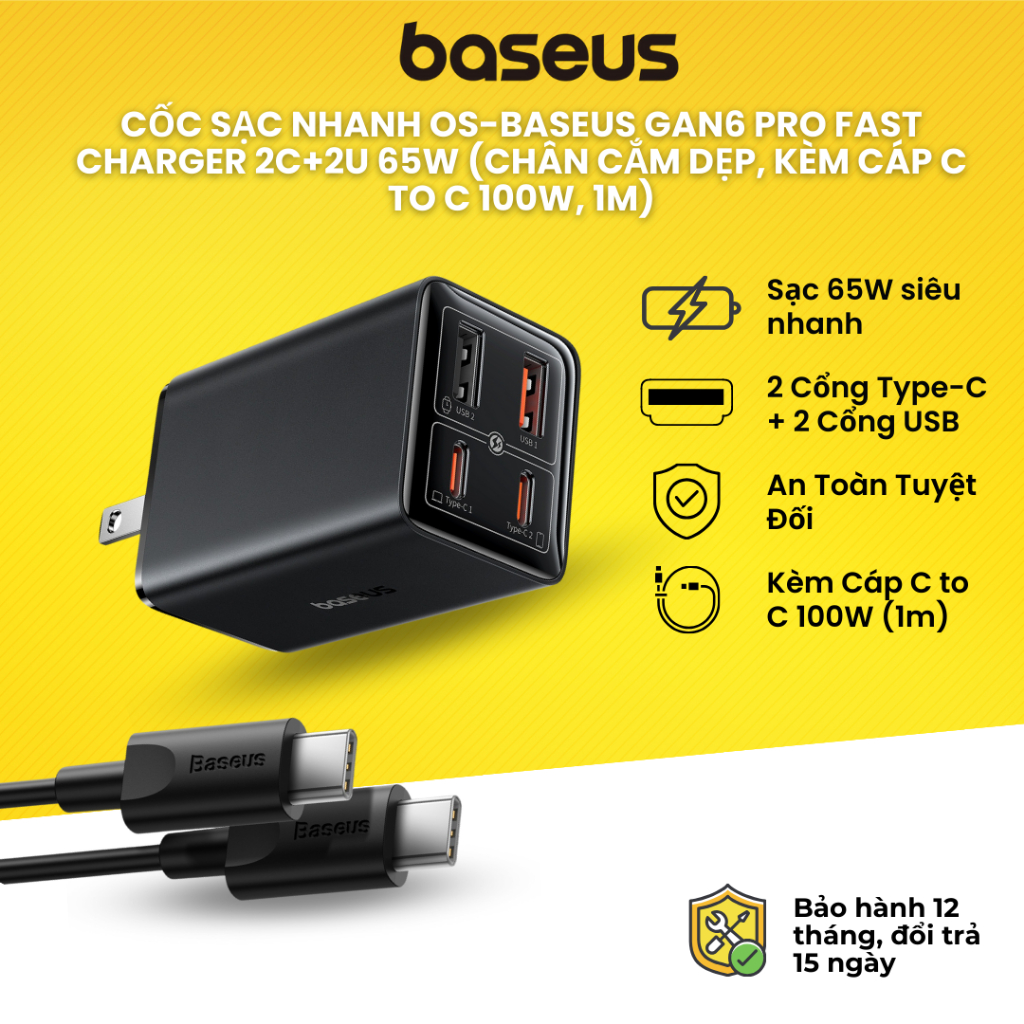 Cốc Sạc Nhanh OS-Baseus GaN6 Pro Fast Charger 2C+2U 65W (Chân cắm dẹp ...