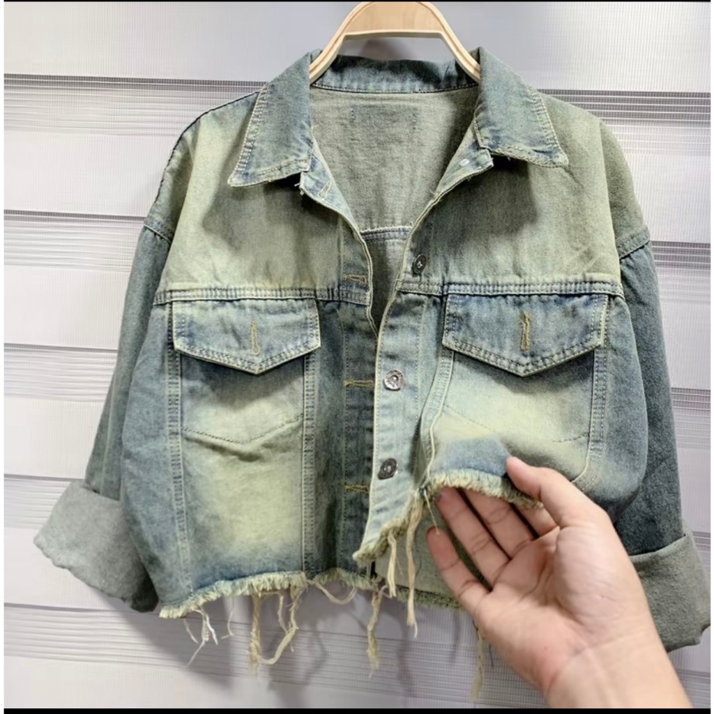 TIENSTYLE - Áo Khoác Jean Nữ Croptop Lai Tua Tay Dài, Áo Khoác Bò Nắp ...