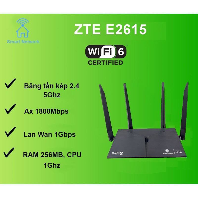 Router WIFI6 ZTE E2603 E2615 chuẩn Ax1800Mbps WAN 1Gbps, có hỗ trợ MESH ...
