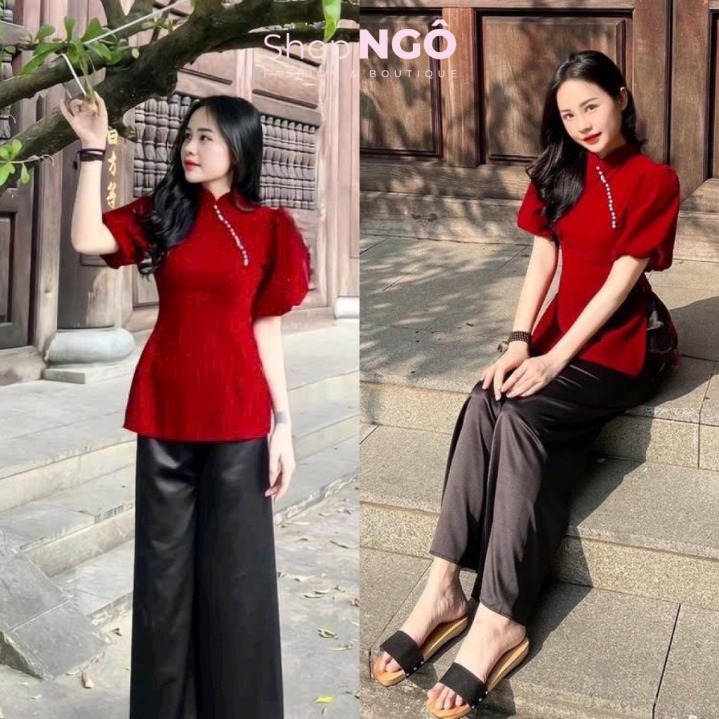 Set lam nữ ,set áo nhung sườn xám kết ngọc tay phồng,SET CỔ TÀU nhung ...