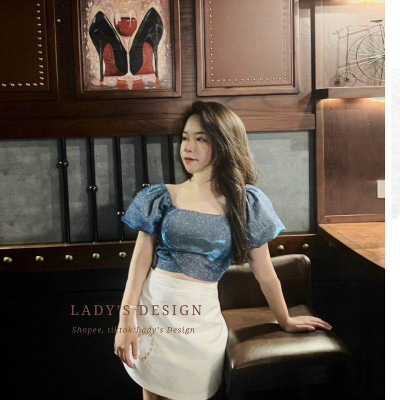 Áo Croptop Cổ Vuông Tay Phồng Kim Tuyến Lấp Lánh Kim Sa [áo 2 lớp,HÀNG ...