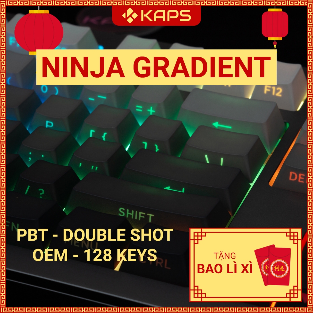 Keycap Ninja Gradient PBT xuyên led profile OEM in double-shot 128 nút cho bàn phím cơ layout ...