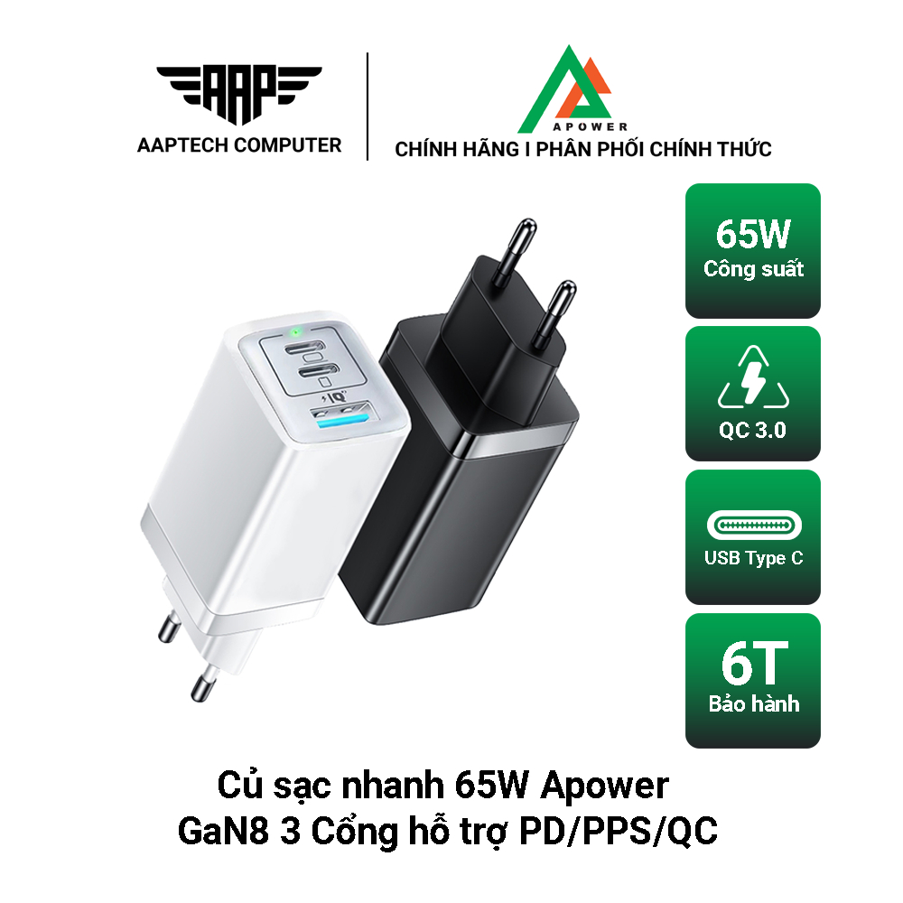 Củ sạc nhanh 65W Apower GaN8 3 Cổng hỗ trợ PD/PPS/QC | Shopee Việt Nam