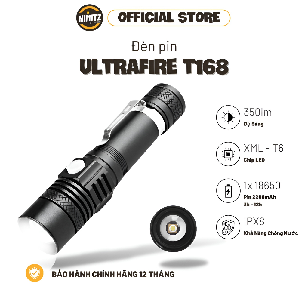 Đèn Pin Ultrafire T168 | Độ Sáng 350lm | Có Sạc USB | Dung Lượng 1x Pin ...