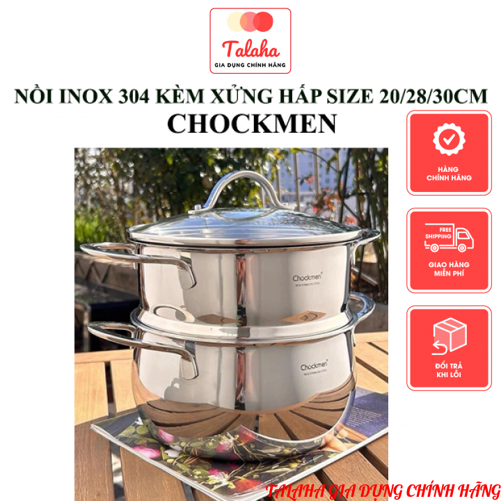 Nồi Inox kèm xửng hấp chockmen 20cm/28cm/30cm - đáy đúc liền- thép không gỉ 18/10 - Talaha ...
