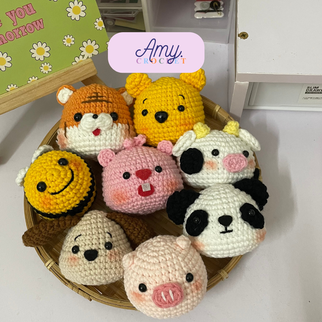 Móc khoá len đầu thú Heo/Chó/Ong/Gấu trúc/Hổ/Loopy bằng len handmade ...