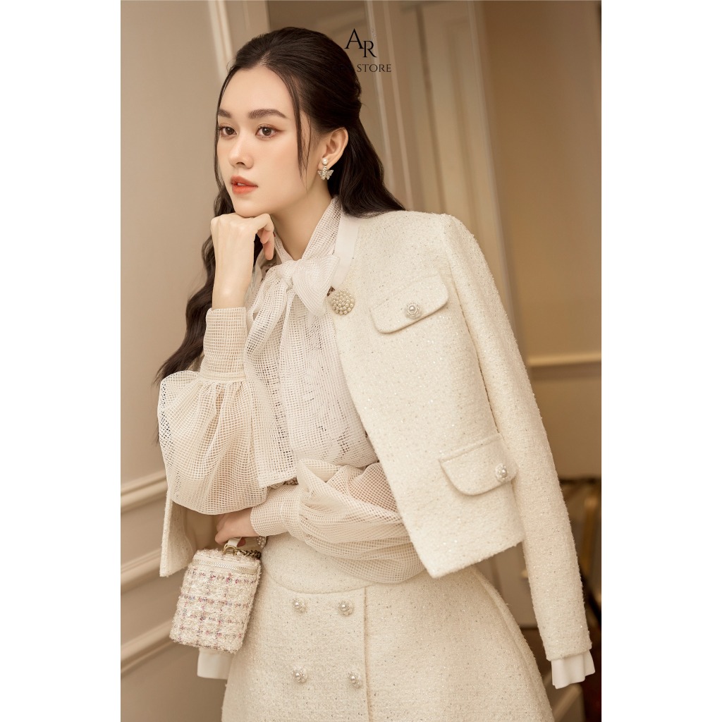 Ara - Áo khoác dạ Tweed ánh nhũ cổ tròn đính đá hai màu Ve08 | Shopee Việt Nam
