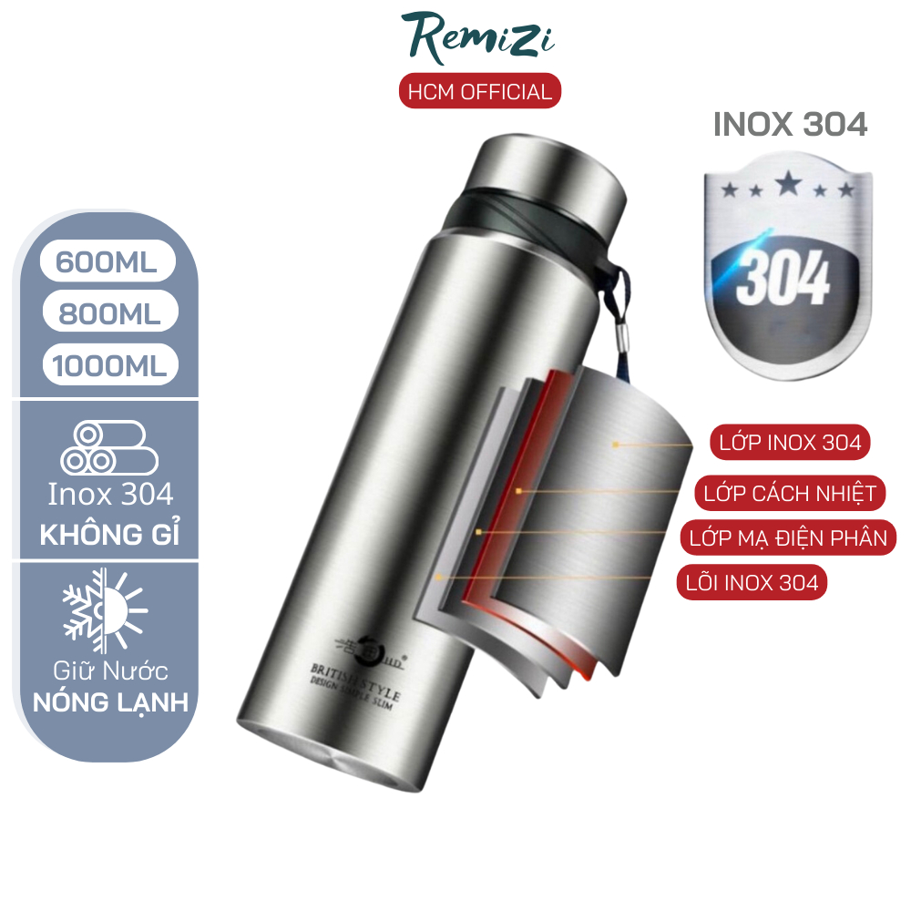 Bình Giữ Nhiệt REMIZI Bình Đựng Nước inox 304 600ml-1000ml BTC04 KHÔNG HIỆN NHIỆT | Shopee Việt Nam