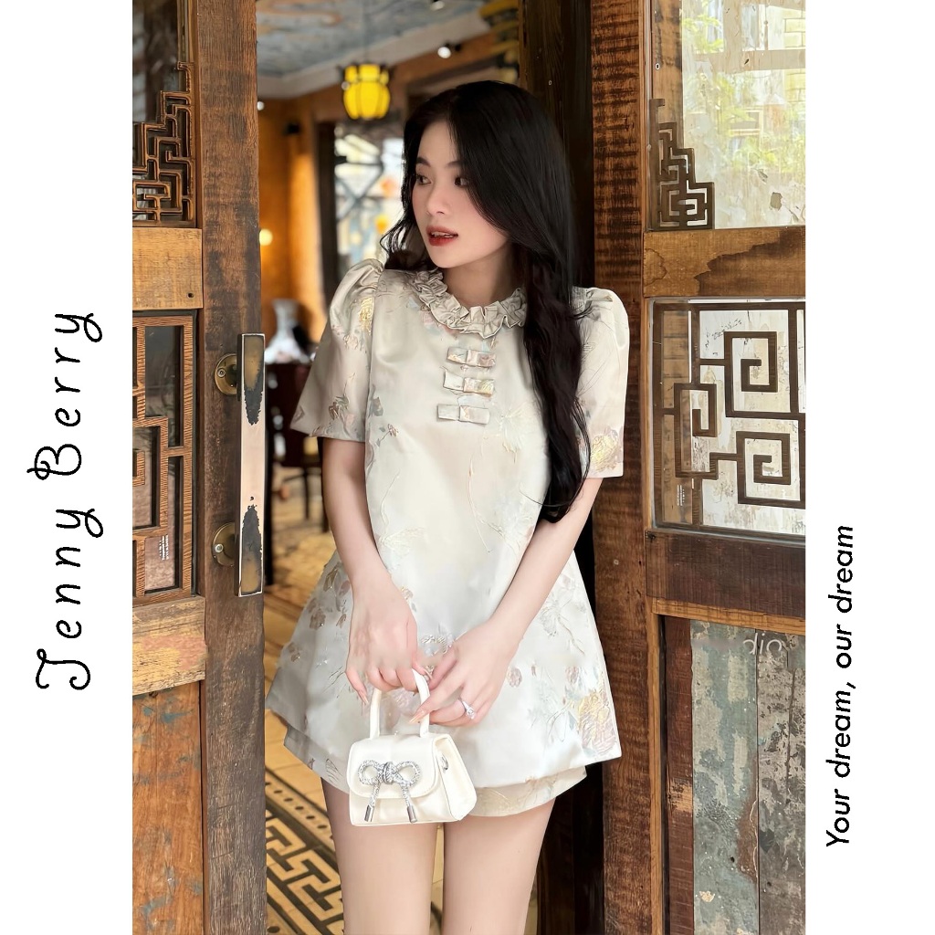 Nami set - Sét áo babydoll cổ tàu vải gấm kèm quần short cạp chun jenny berry | Shopee Việt Nam